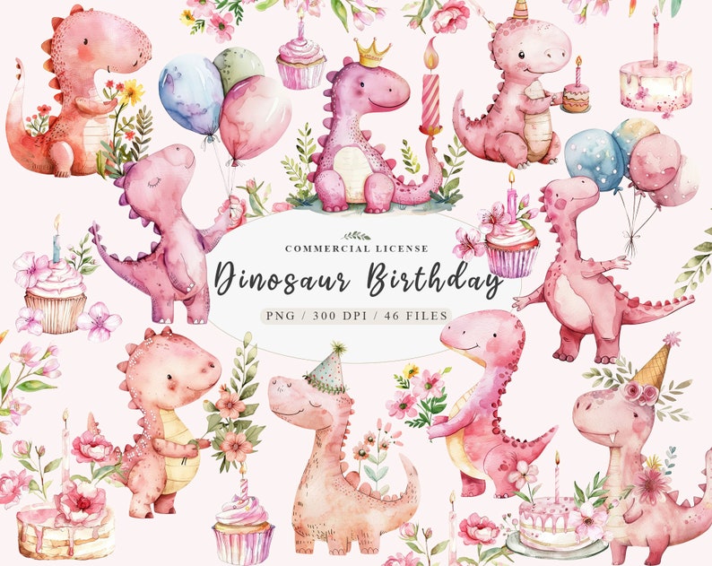 Adorable Pink Baby Girl Dinosaur Clipart for Birthday Balloons Bundle ...