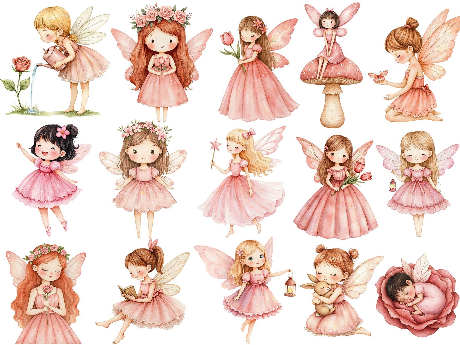 Watercolor Magical Garden Pink Fairies Clipart Bundle, Cute Fairytale ...
