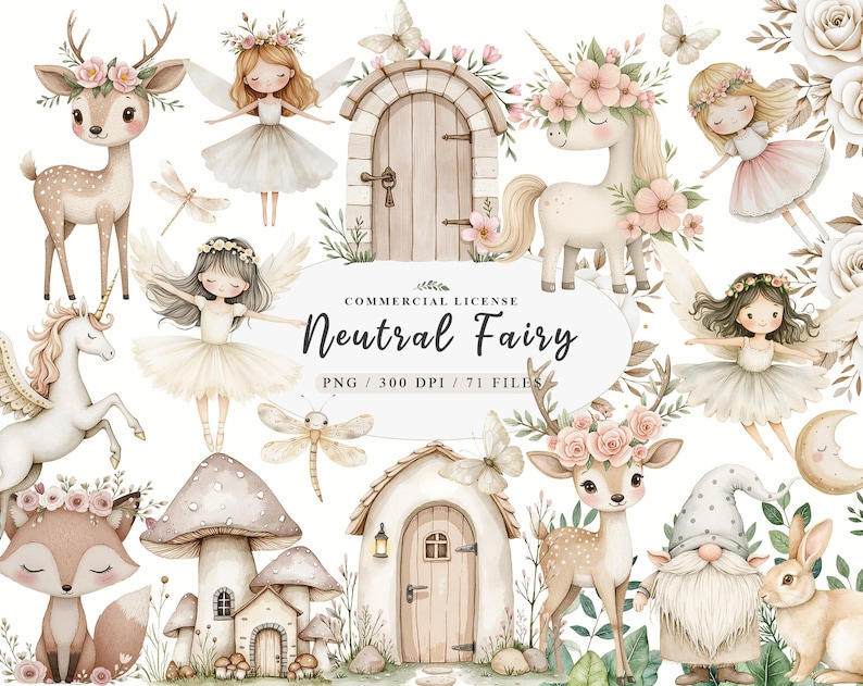 Watercolor Magical Garden Beige Fairies Clipart Bundle, Nature Cute ...