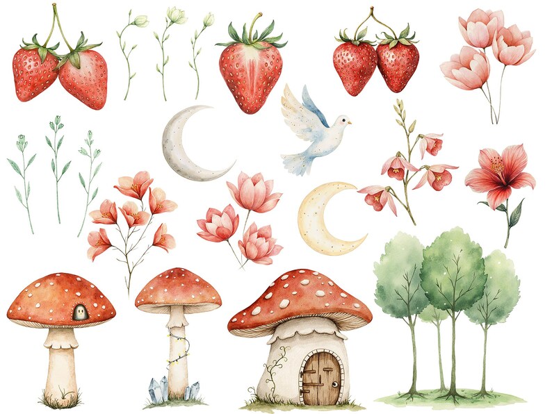 Watercolor Cute Magic Fairy Mushroom Clipart, Mushroom Fairy Garden ...