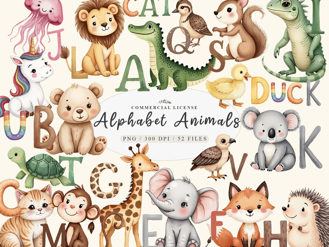 Watercolor Cute Little Animal Alphabet Clipart, Cute Jungle Alphabet ...