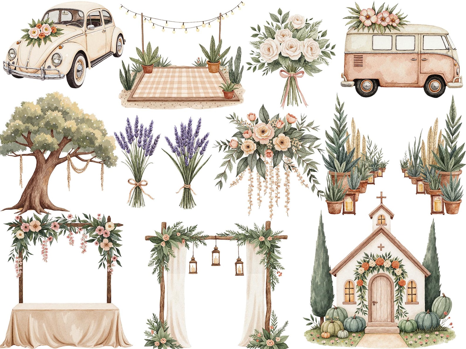 Rustic Boho Married Wedding Day Clipart Bundle: Bridal Just Married ...