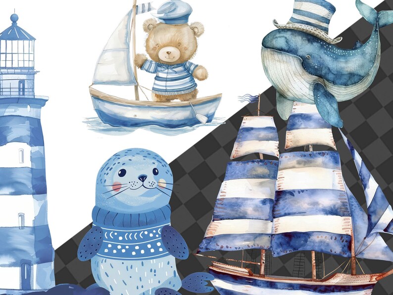 Nautical Clipart, Sailor Clipart, Sailboat Png, Seal Print, Teddy Bear ...