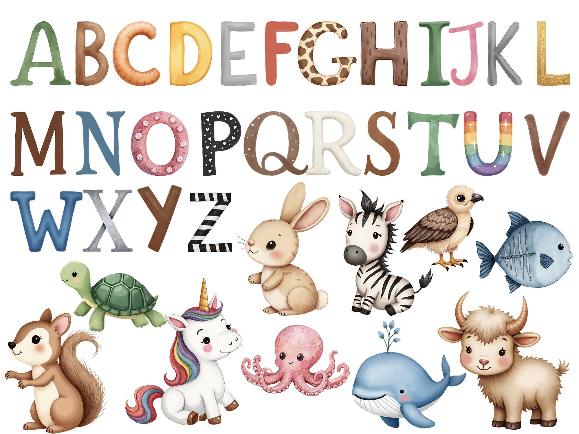 Watercolor Cute Little Animal Alphabet Clipart, Cute Jungle Alphabet ...