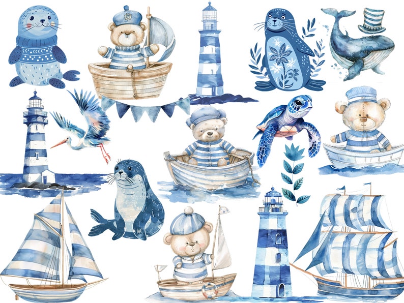 Nautical Clipart, Sailor Clipart, Sailboat Png, Seal Print, Teddy Bear ...