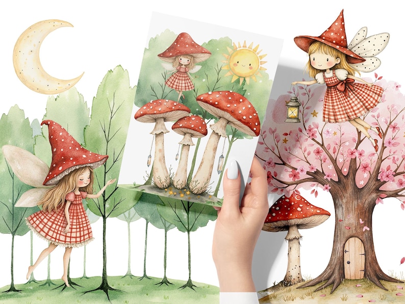 Watercolor Cute Magic Fairy Mushroom Clipart, Mushroom Fairy Garden ...