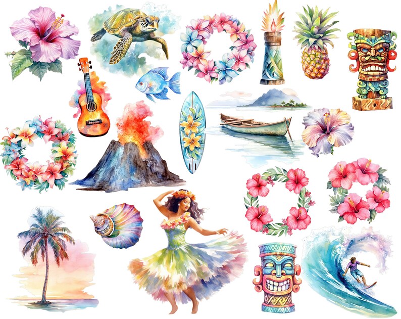 Watercolor Hawaiian Tiki Tropical Beach Luau Clipart Bundle, Flowers ...