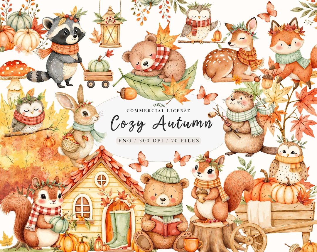 Watercolor Woodland Cute Autumn Forest Animals Clipart, Cozy Autumn ...