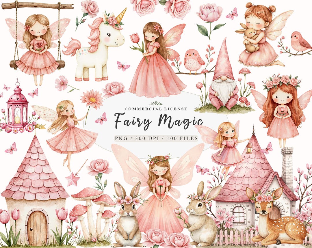 Watercolor Magical Garden Pink Fairies Clipart Bundle, Cute Fairytale ...