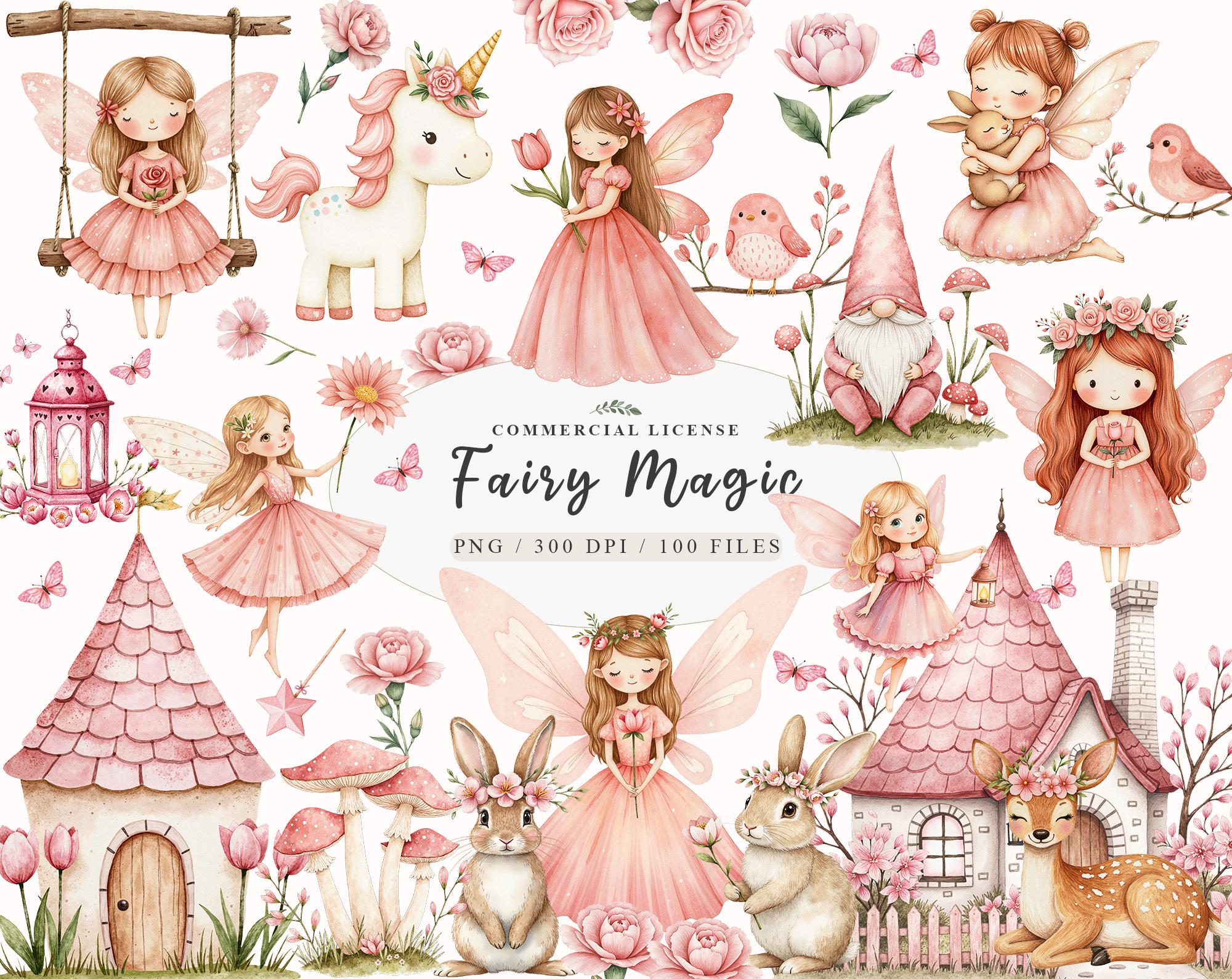 Watercolor Magical Garden Pink Fairies Clipart Bundle, Cute Fairytale ...