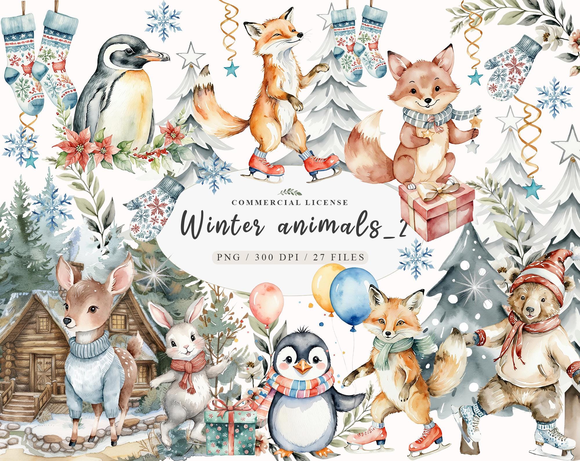 Winter Animals Png, Winter Animals on Skates Clipart, Bear Skating, Fox ...