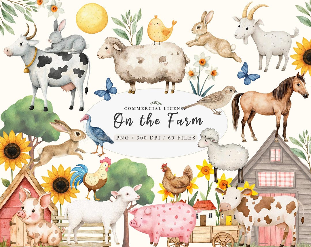 Watercolor Cute on the Farm on the Animals Clipart Bundle, Farm Funny ...