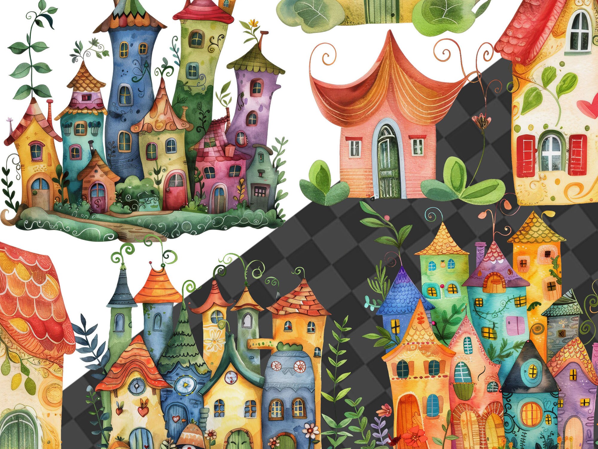 Quirky Houses Clipart, Quirky Houses, Castle Clipart, Whimsical Houses ...