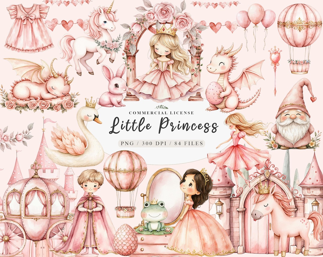Watercolor Cute Pink Princess and Prince Kingdom Clipart, Magic Kingdom ...