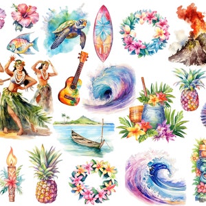 Summer Hawaii Watercolor Travel Wreath Clipart Bundle, Hawaiian Flowers ...