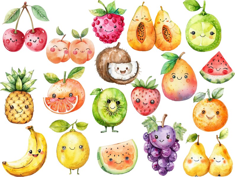 Cute Fruit Clipart, Kawaii Fruits Clipart, Fruit Characters Png, Funny ...
