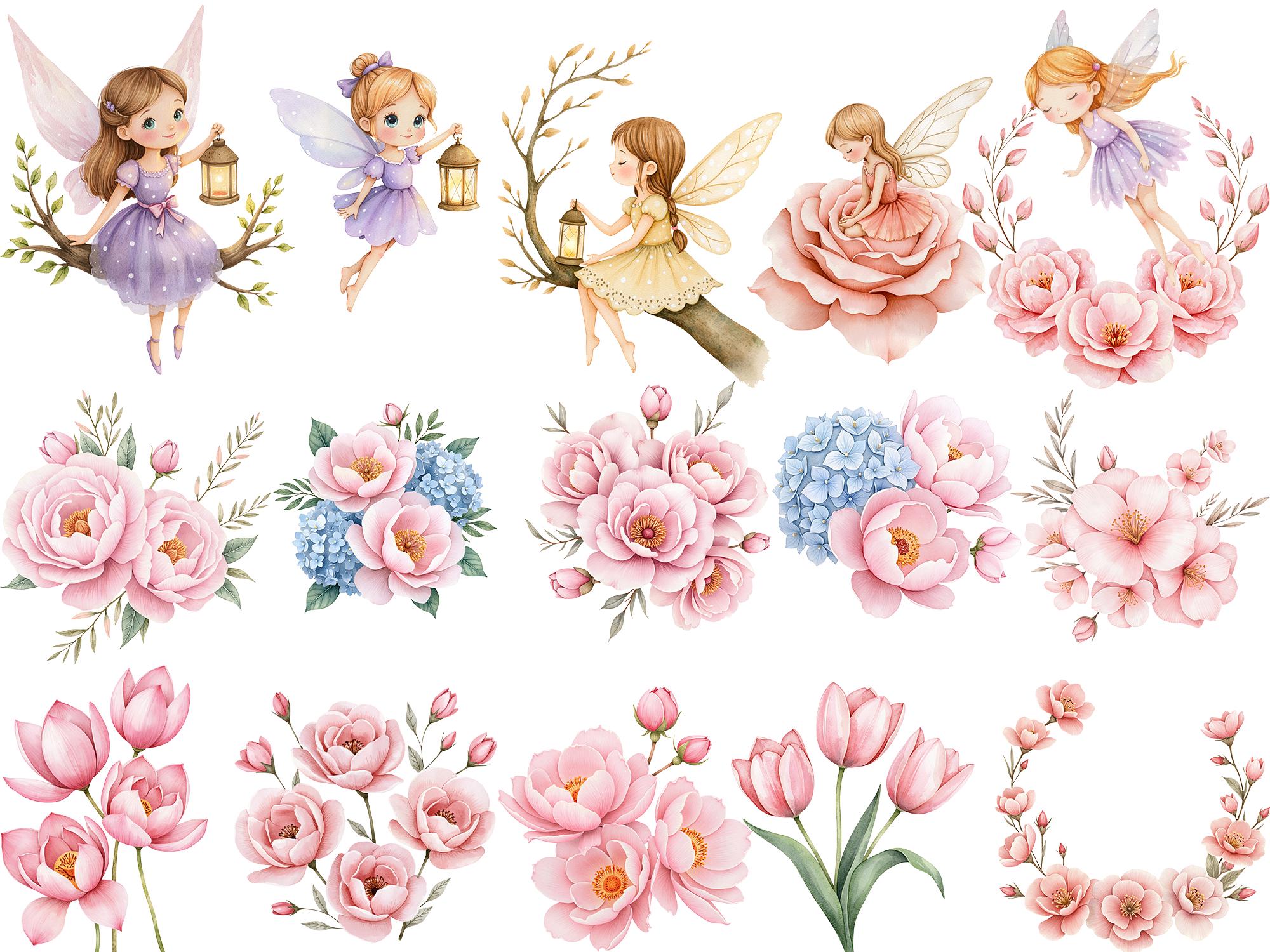 Watercolor Magical Garden Pink Fairies Clipart Bundle, Nature Cute ...