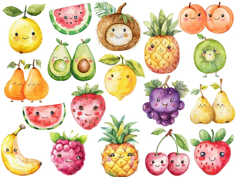 Cute Fruit Clipart, Kawaii Fruits Clipart, Fruit Characters Png, Funny ...