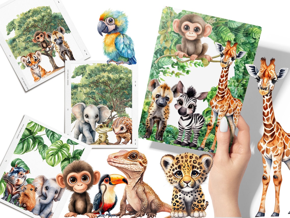 Watercolor Safari Jungle Animals Clipart for Nursery Art, Whimsical ...