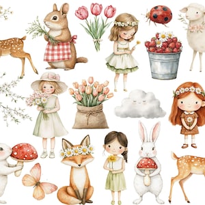 Watercolor Spring Cute Girl Floral Woodland Animals Clipart Bundle ...