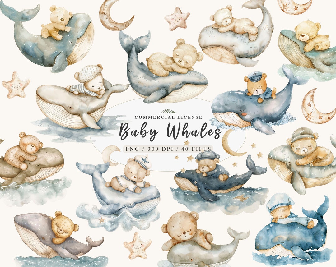 Blue Whale Watercolor Art for Nautical Baby Bundle, Cute Whale & Teddy ...