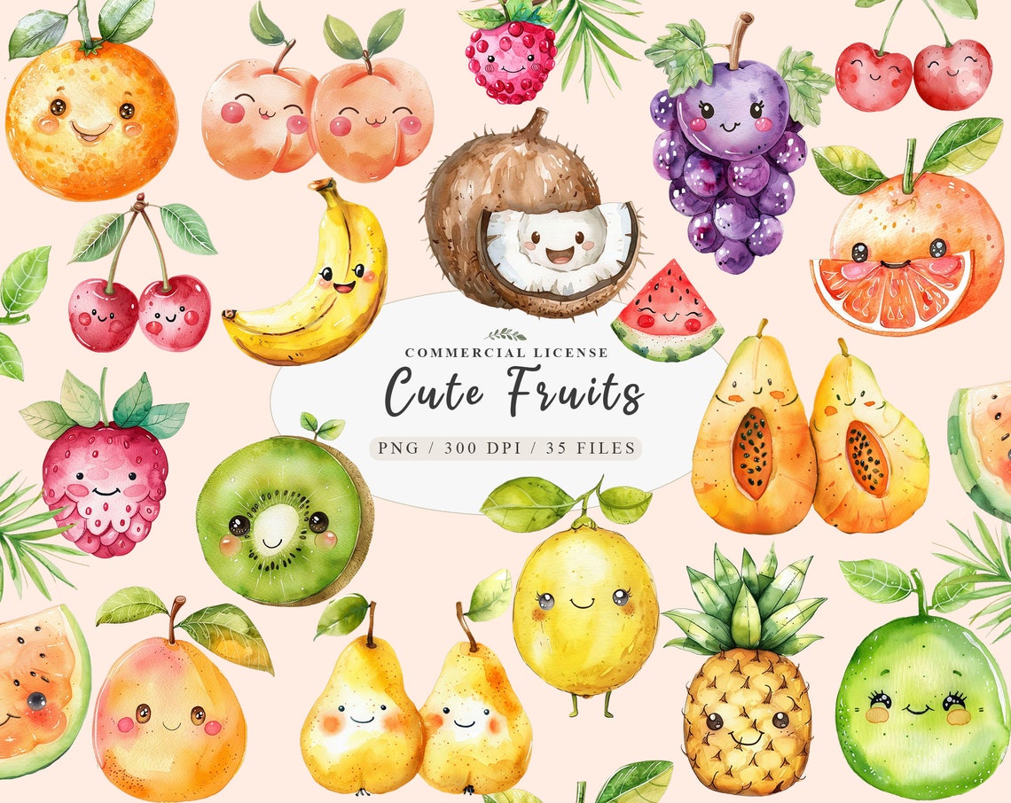 Cute Fruit Clipart, Kawaii Fruits Clipart, Fruit Characters Png, Funny ...