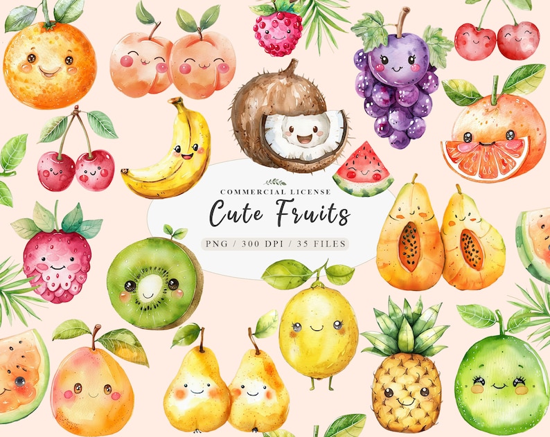 Cute Fruit Clipart, Kawaii Fruits Clipart, Fruit Characters Png, Funny ...