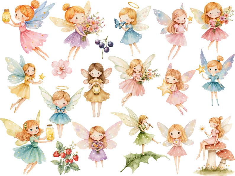 Watercolor Magical Garden Pink Fairies Clipart Bundle, Nature Cute ...