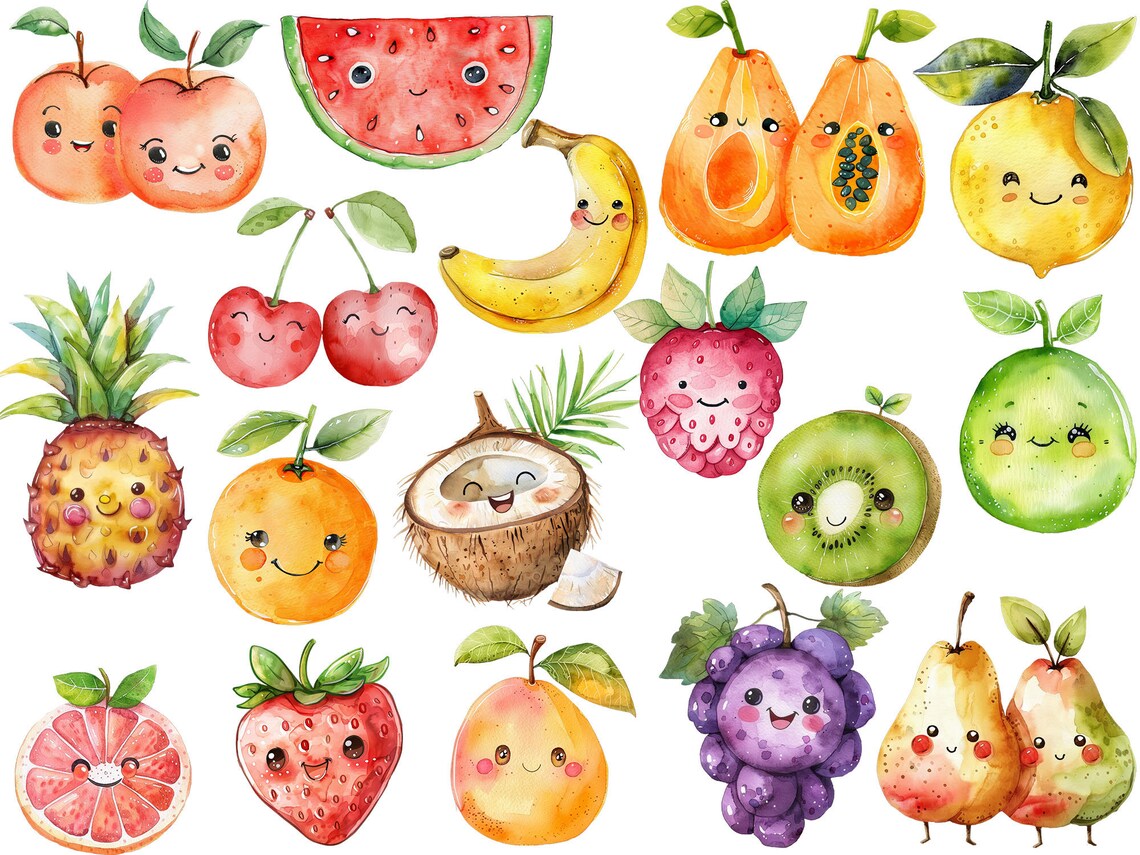 Cute Fruit Clipart, Kawaii Fruits Clipart, Fruit Characters Png, Funny ...