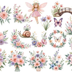 Watercolor Magical Garden Pink Fairies Clipart Bundle, Cute Fantasy ...