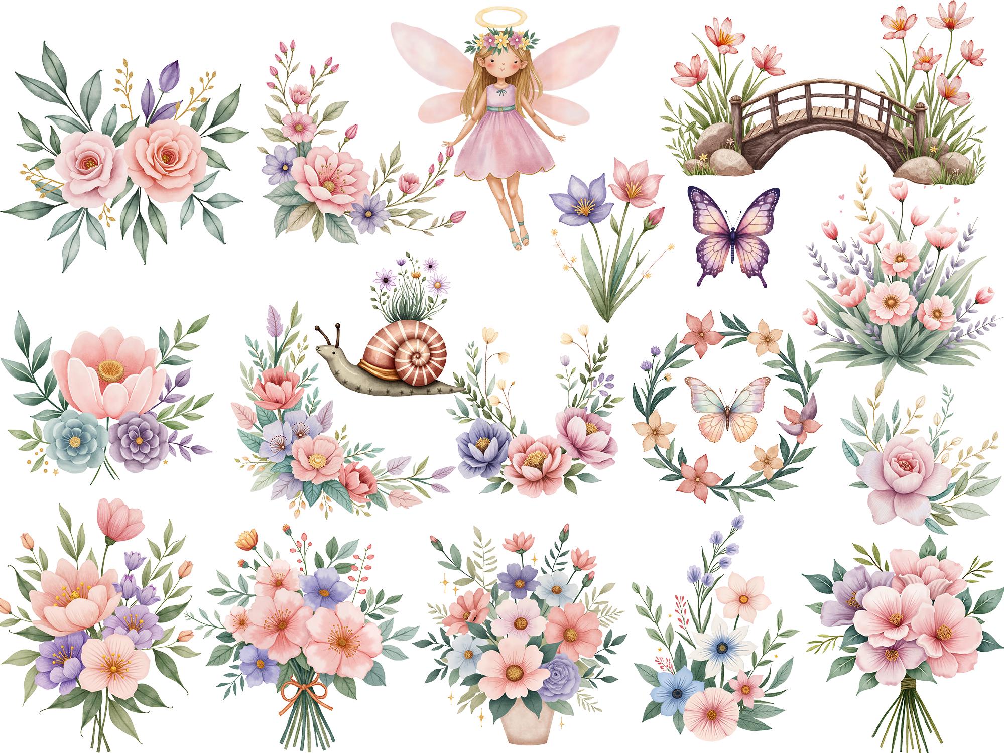 Watercolor Magical Garden Pink Fairies Clipart Bundle, Cute Fantasy ...
