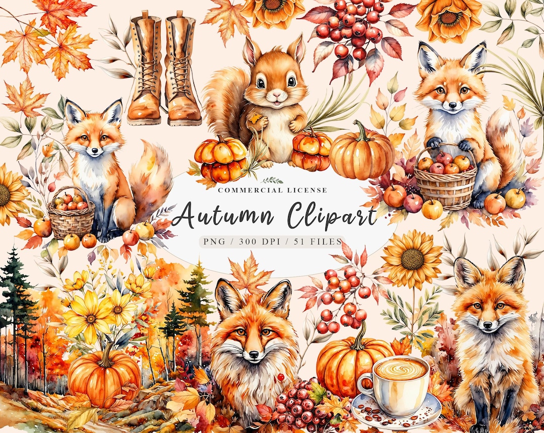 Whimsical Thanksgiving Clipart Bundle, Cozy Fall Animals Clipart ...