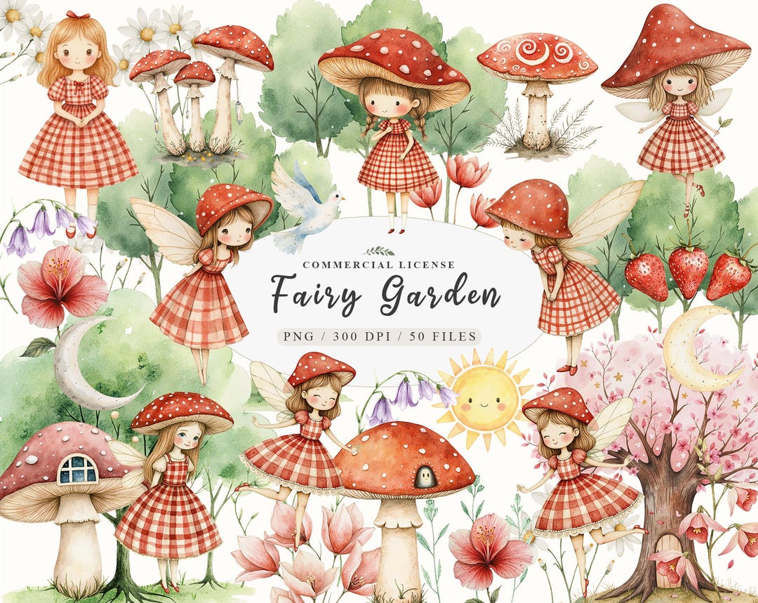 Watercolor Cute Magic Fairy Mushroom Clipart, Mushroom Fairy Garden ...