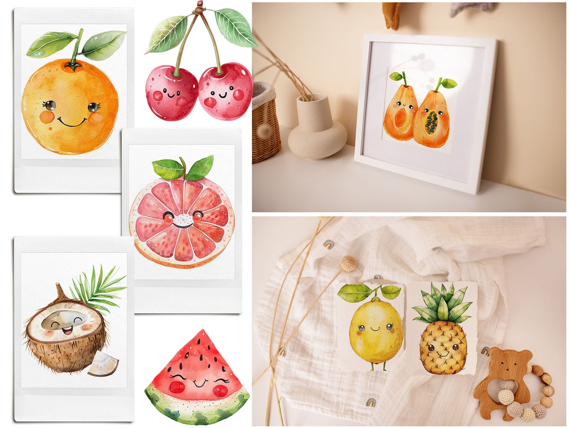 Cute Fruit Clipart, Kawaii Fruits Clipart, Fruit Characters Png, Funny ...