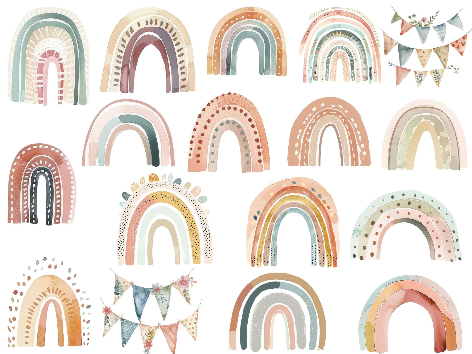 Boho Pastel Rainbow Clipart Bundle: Neutral Baby Decor Art, Kawaii ...