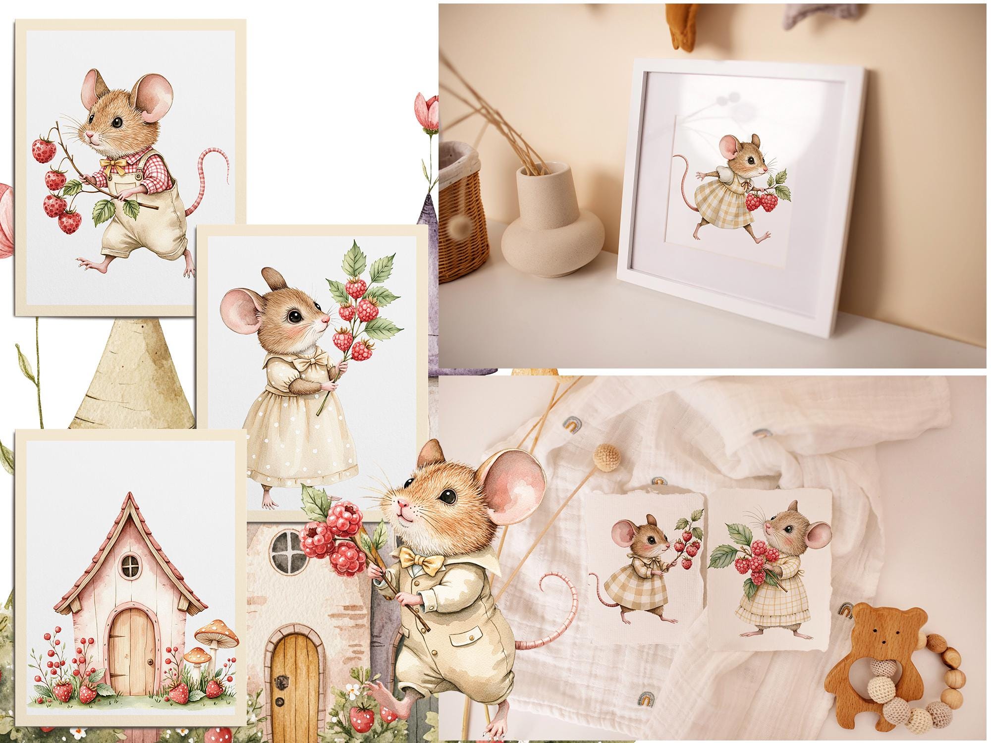 Watercolor Minnie Animals Mouse Strawberry Clipart, Garden Animals ...