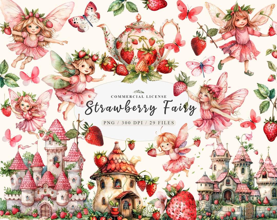 Baby Strawberry Pink Fairy Clipart Bundle, Garden Elf House Castle PNG ...