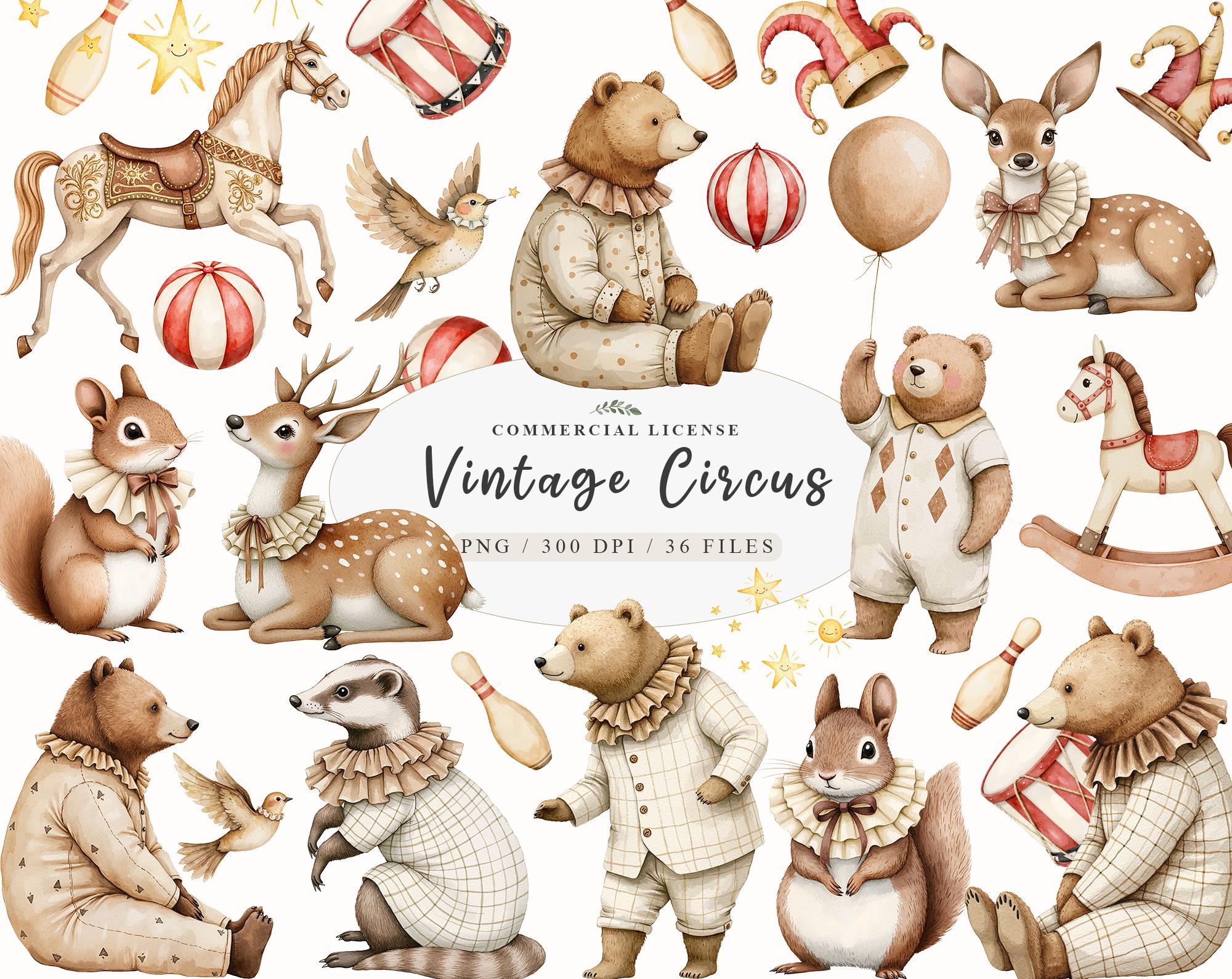 Vintage Watercolor Cute Circus Party Animal Clipart Bundle, Circus ...