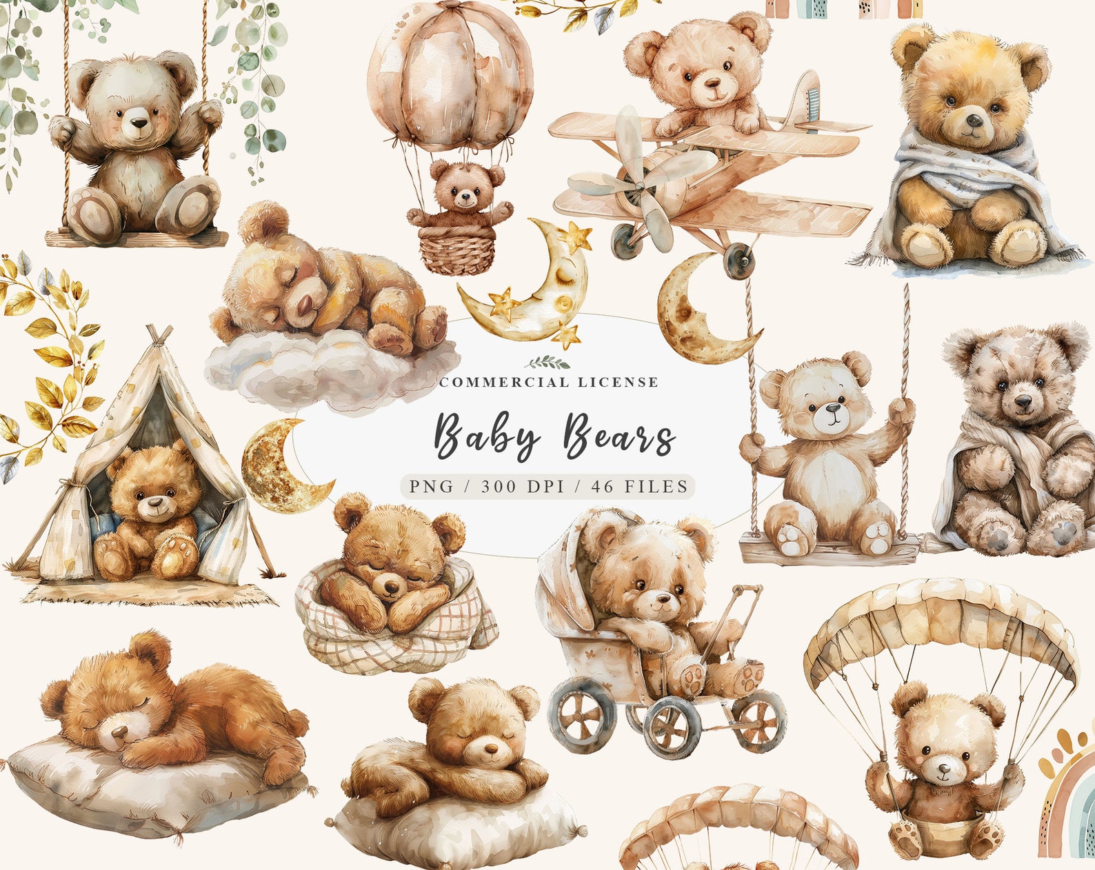 Boho Bear Nursery Clipart With Airplane and Balloons, Sweet Dreams Sign ...