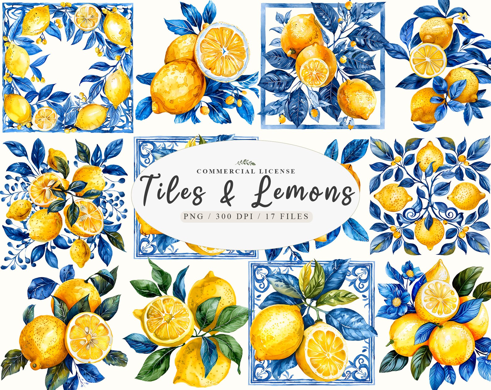 Portuguese Tiles, Lemon Branch Print, Mediterranean Tile, Lemon Tile ...