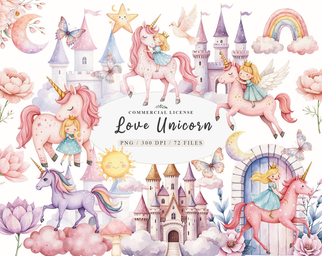 Magical Kingdom Pastel Cute Unicorn Princess Clipart, Fairytale Little ...