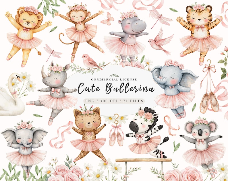 Watercolor Dusty Pink Baby Animals Ballerina Dance Clipart, Cute ...