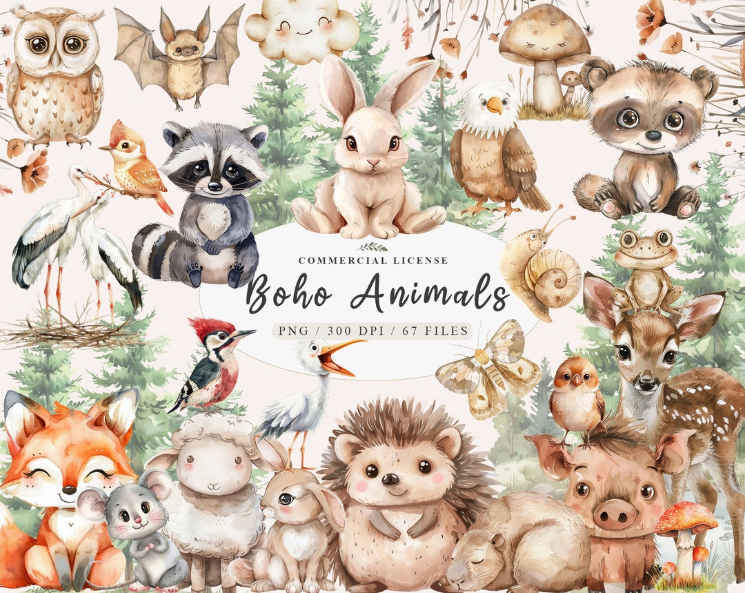 Boho Woodland Animals Clipart, Cute Woodland Animals, Watercolor ...