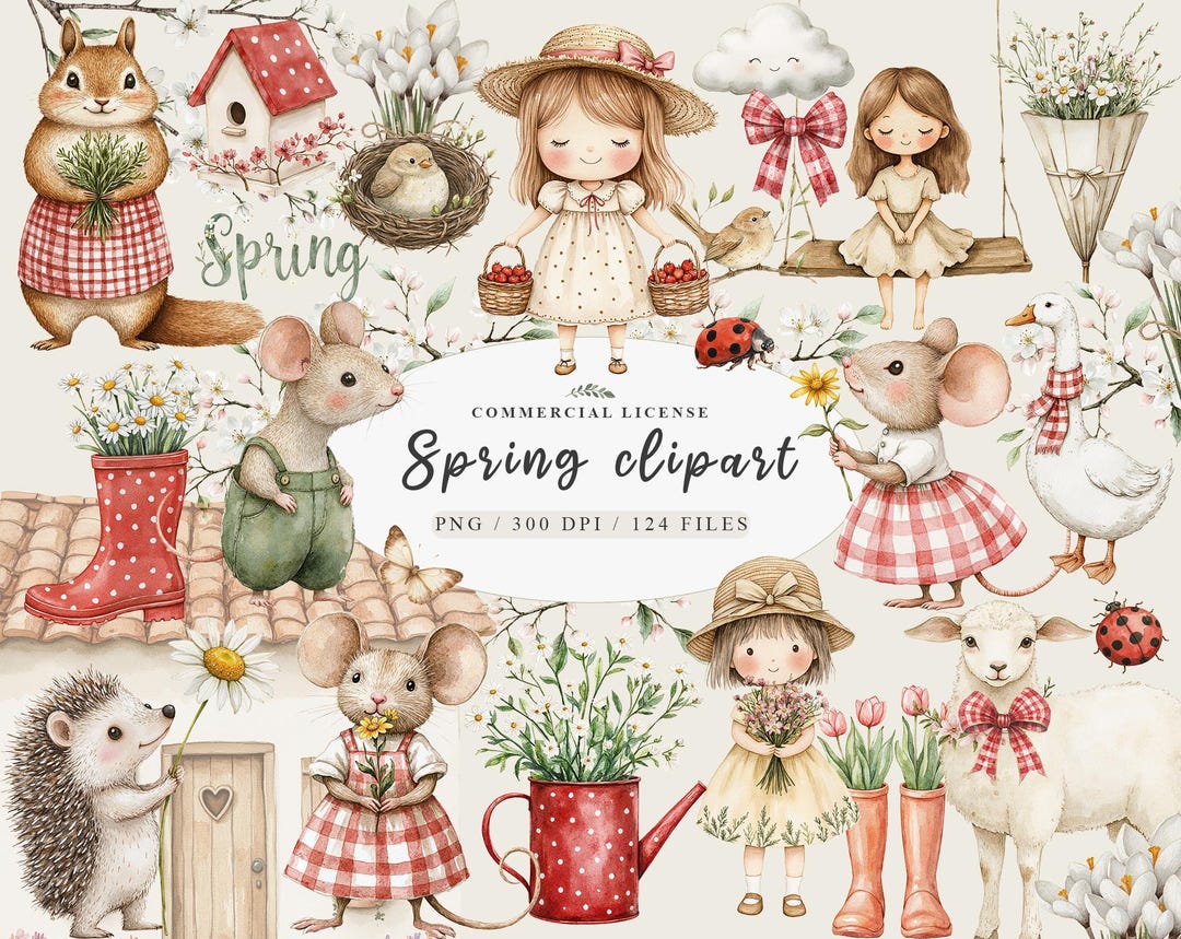 Watercolor Spring Cute Girl Floral Woodland Animals Clipart Bundle ...