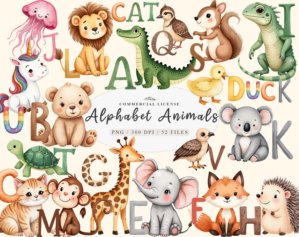 Watercolor Cute Little Animal Alphabet Clipart, Cute Jungle Alphabet ...