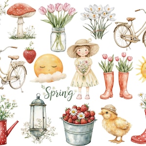 Watercolor Spring Cute Girl Floral Woodland Animals Clipart Bundle ...