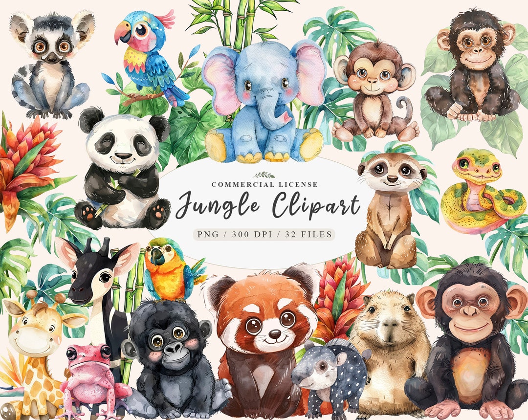 Watercolor Jungle Animals Clipart, Safari Animal Png, Baby Safari Png ...