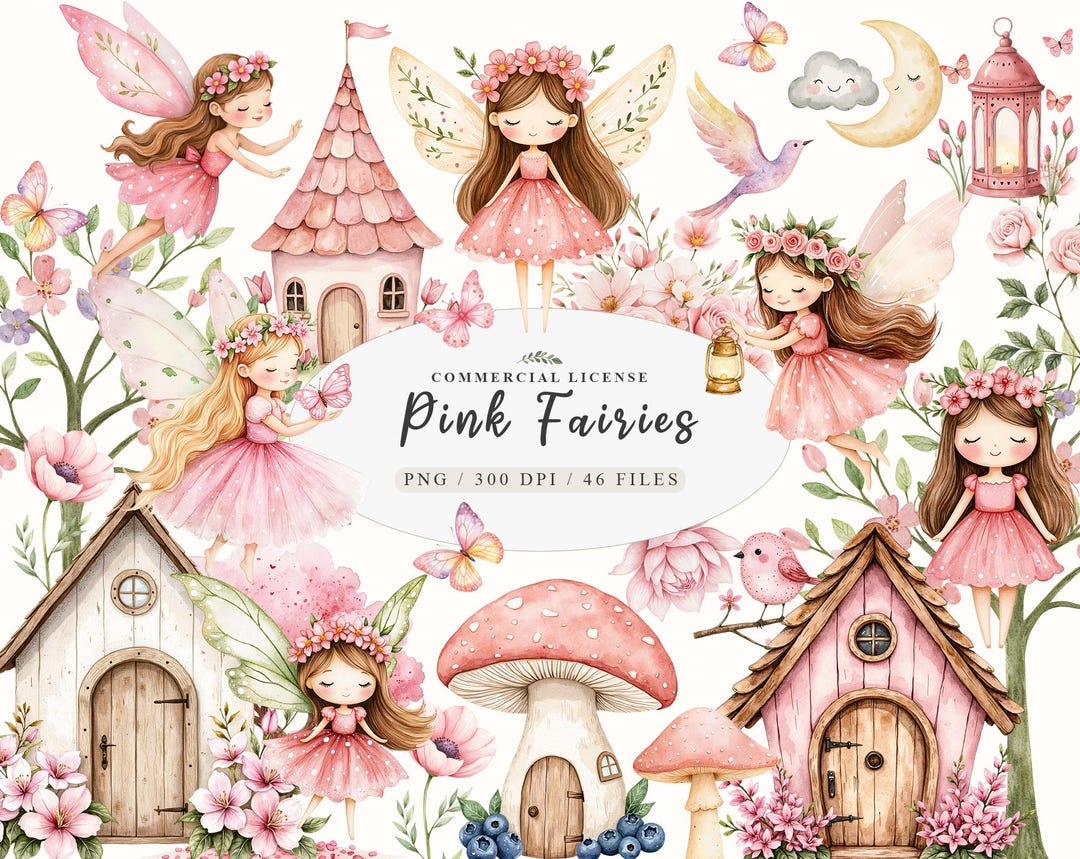 Watercolor Magical Garden Pink Fairies Clipart, Cute Nature Fairies ...