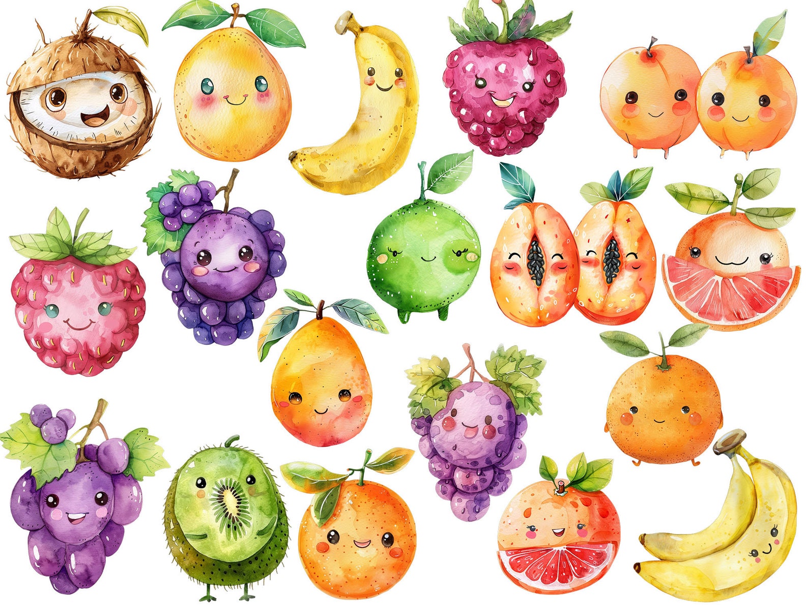 Cute Fruit Clipart, Kawaii Fruits Clipart, Fruit Characters Png, Funny ...