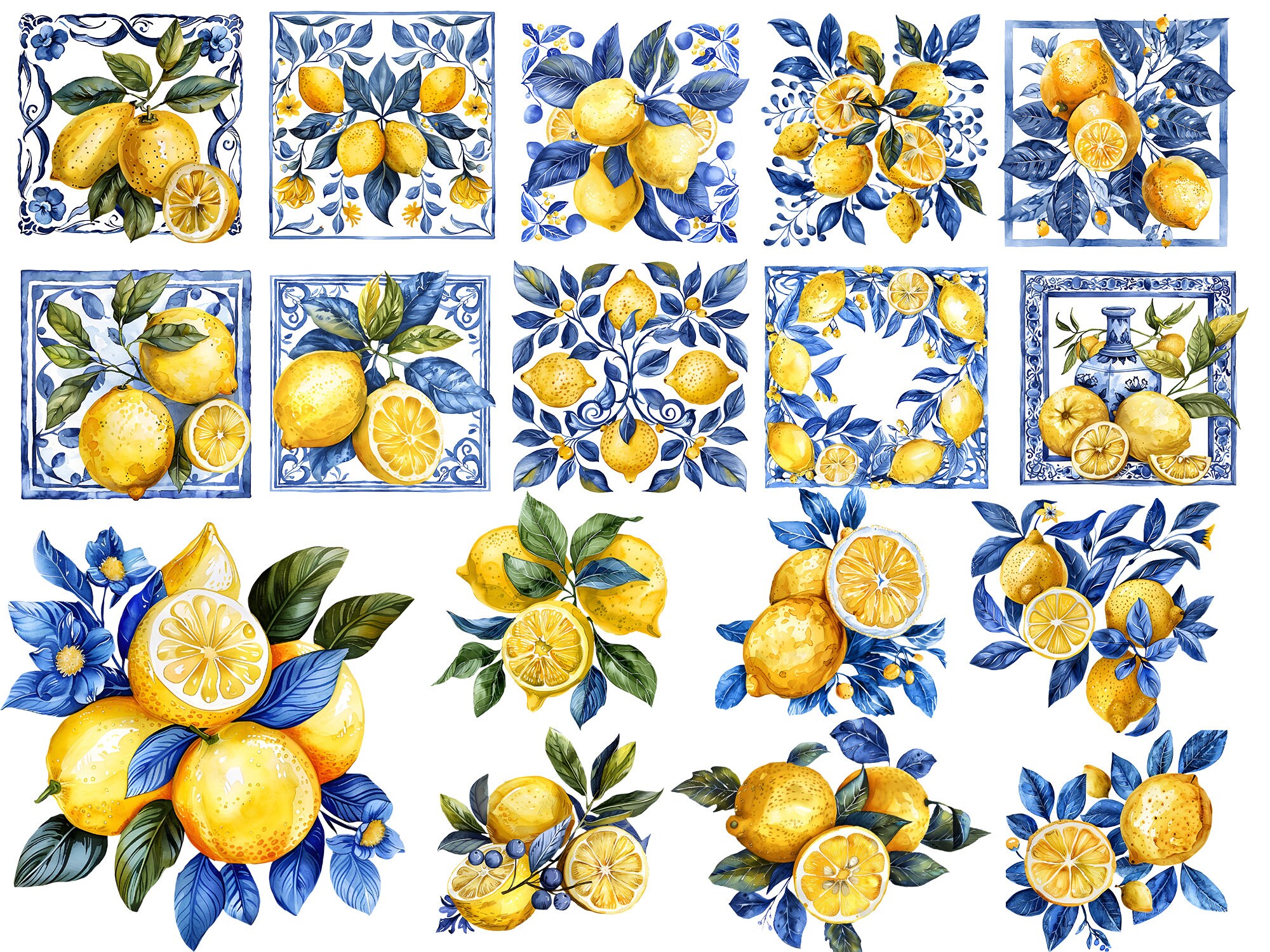 Portuguese Tiles, Lemon Branch Print, Mediterranean Tile, Lemon Tile ...
